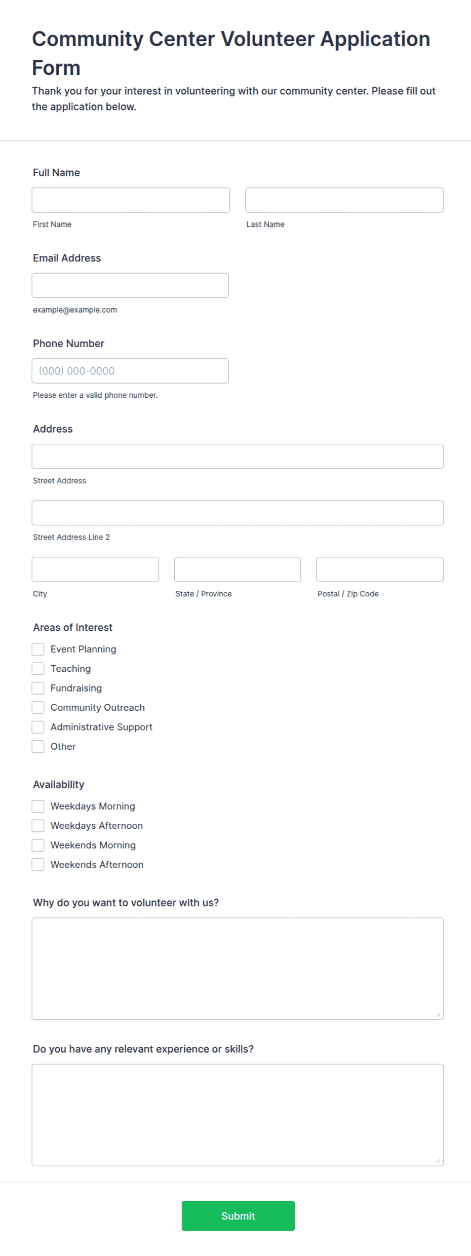 Community Center Volunteer Application Form Template | Jotform
