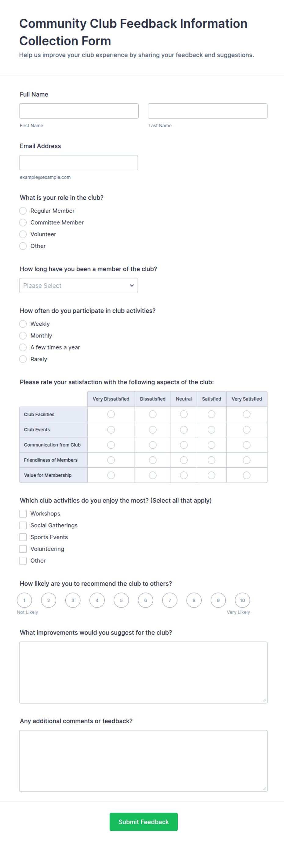 Community Club Feedback Information Collection Form Template | Jotform