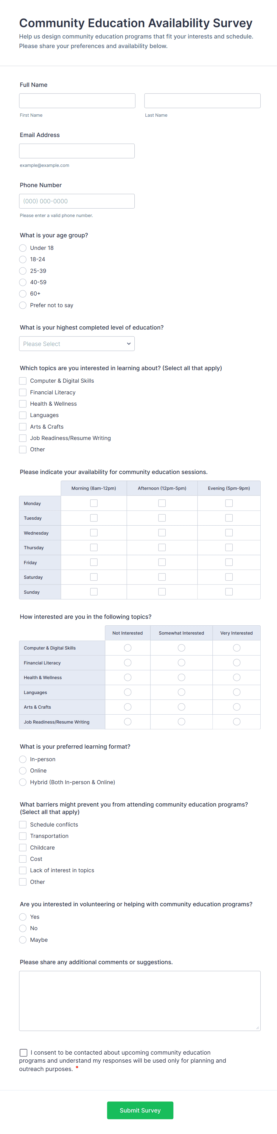 Community Education Availability Survey Form Template | Jotform