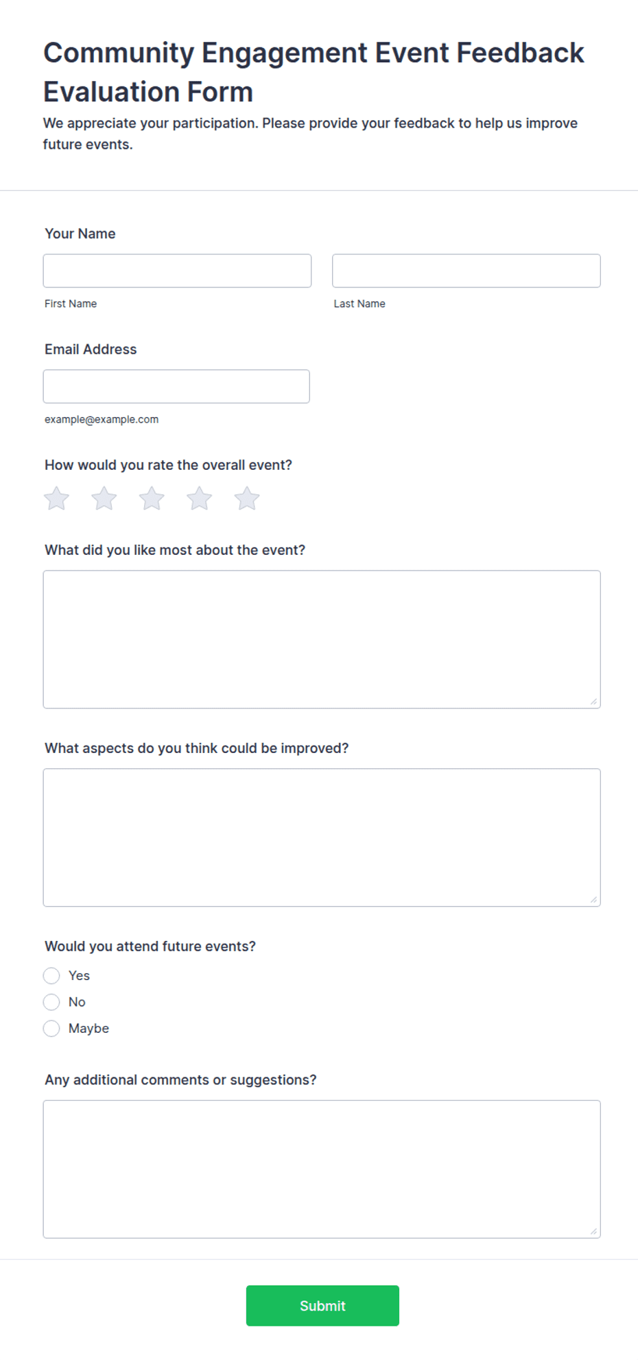 Community Engagement Event Feedback Evaluation Form Template | Jotform