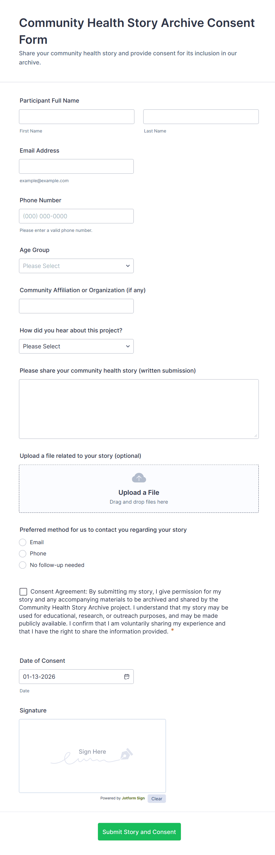 Community Health Story Archive Consent Form Template | Jotform