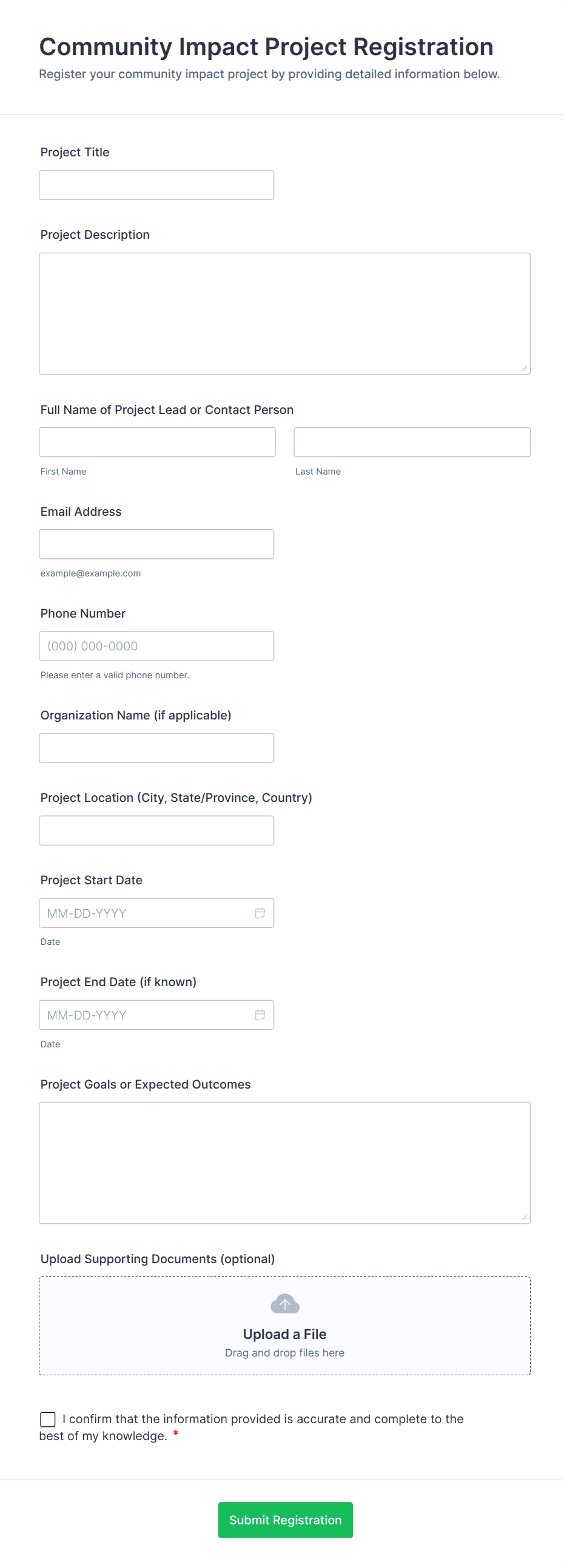 Community Impact Project Registration Form Template | Jotform