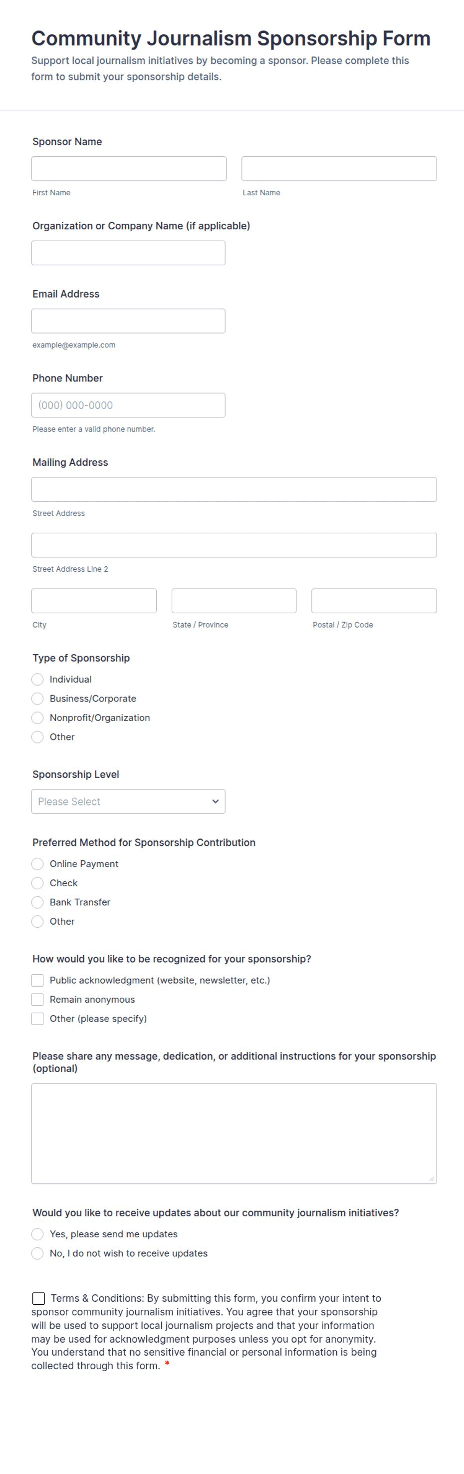 Community Journalism Sponsorship Form Template | Jotform