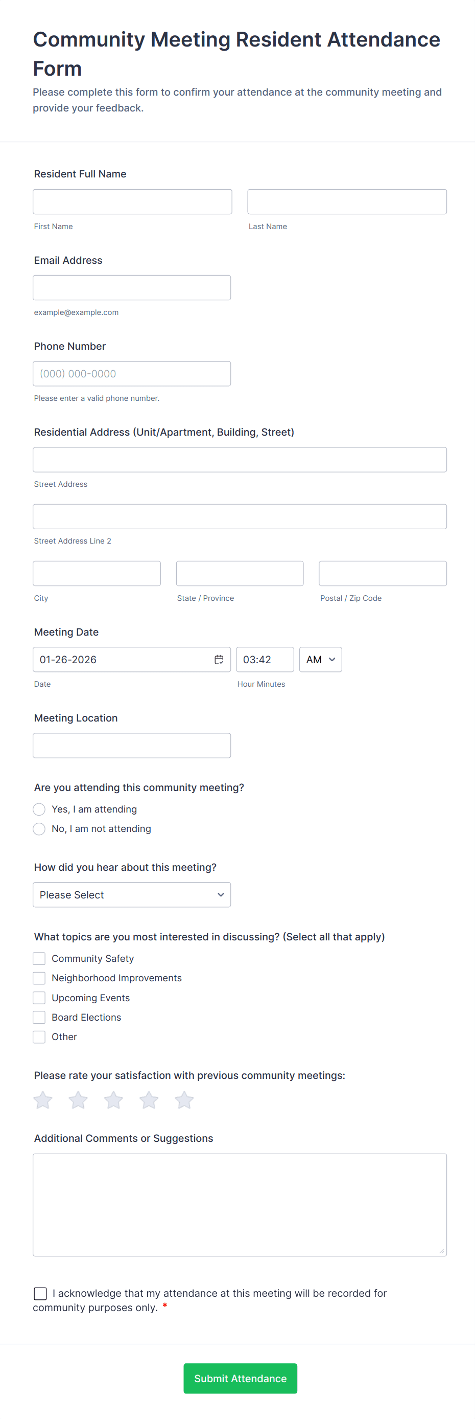 Community Meeting Resident Attendance Form Form Template | Jotform