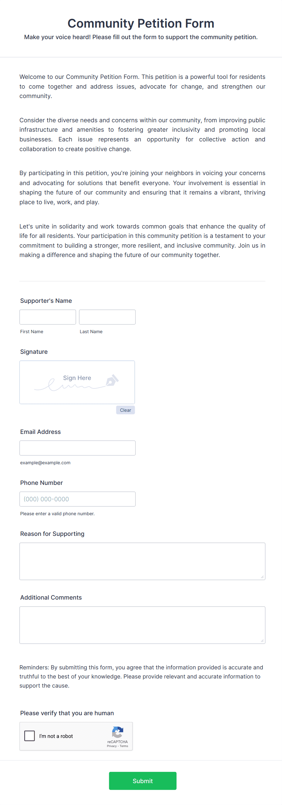 Community Petition Form Template | Jotform