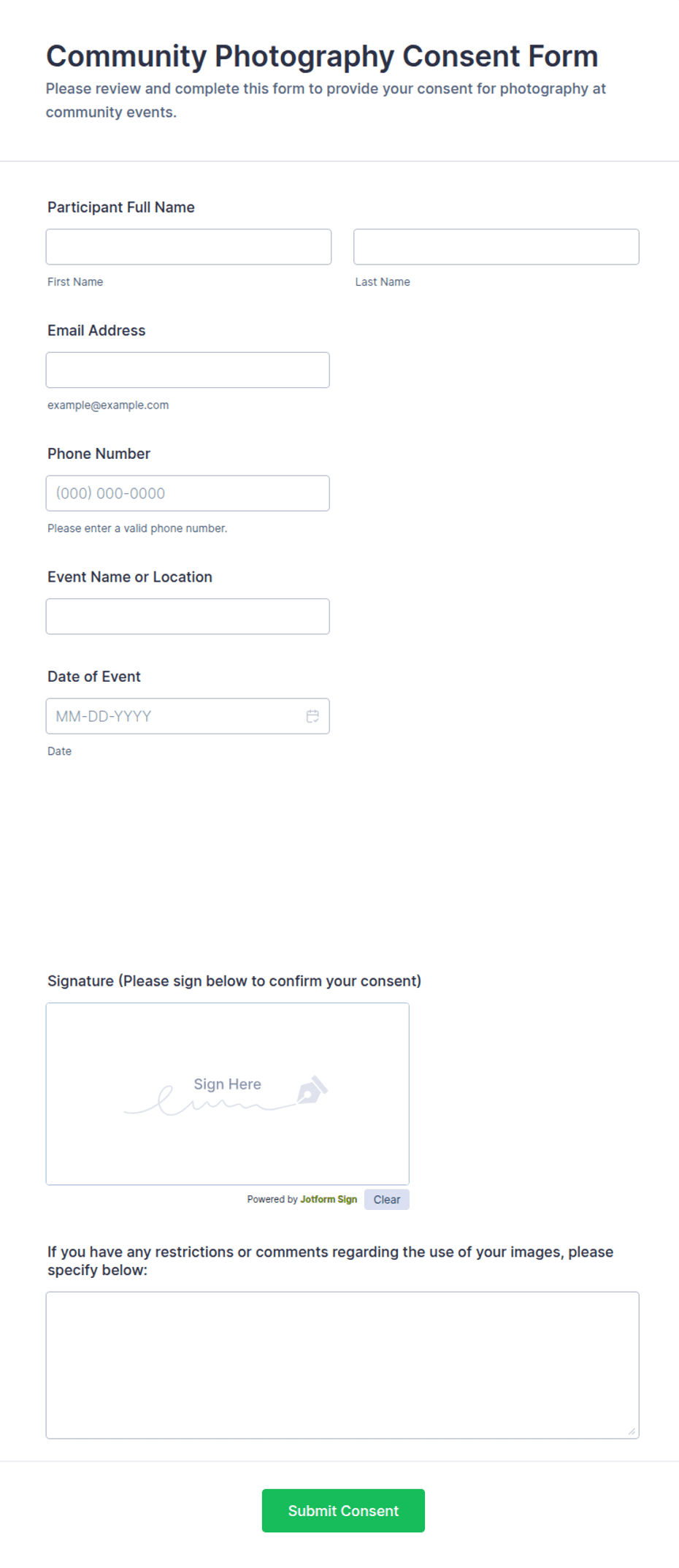 Community Photography Consent Form Template | Jotform