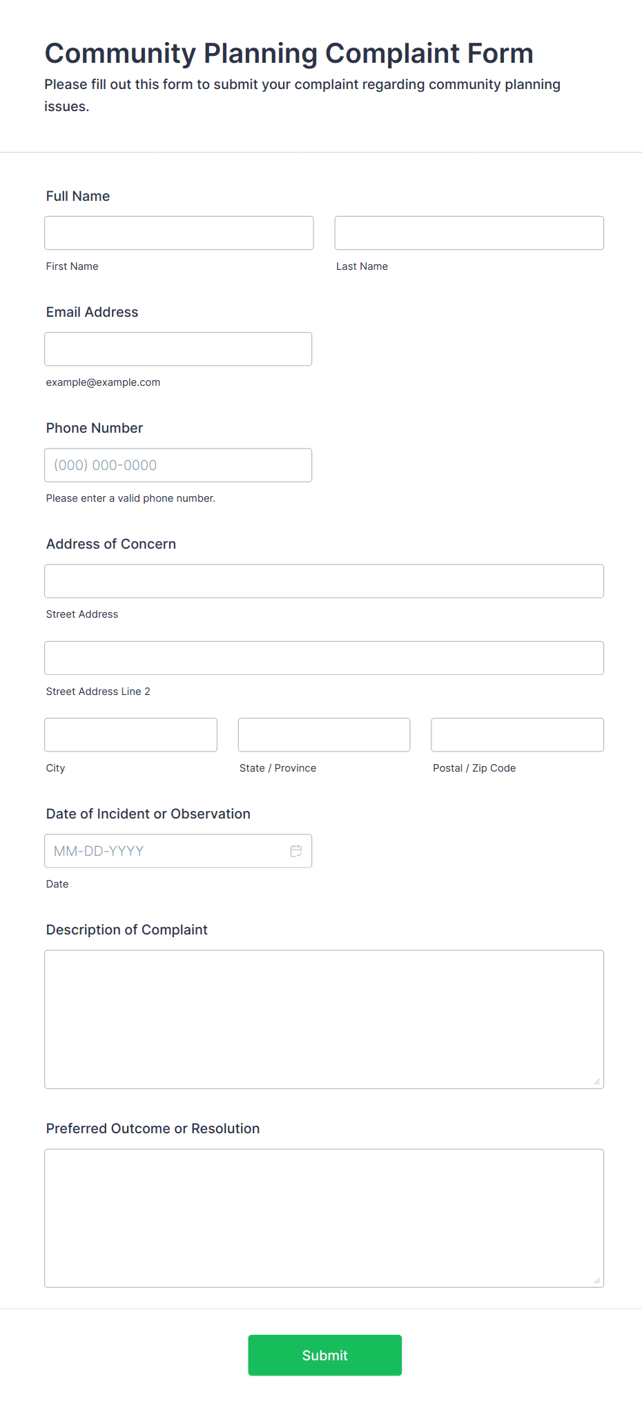 Community Planning Complaint Form Template | Jotform
