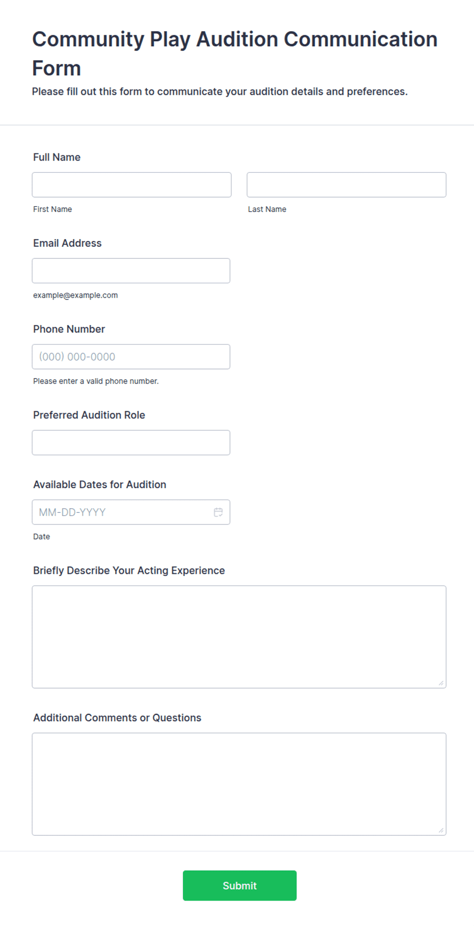 Community Play Audition Communication Form Template | Jotform