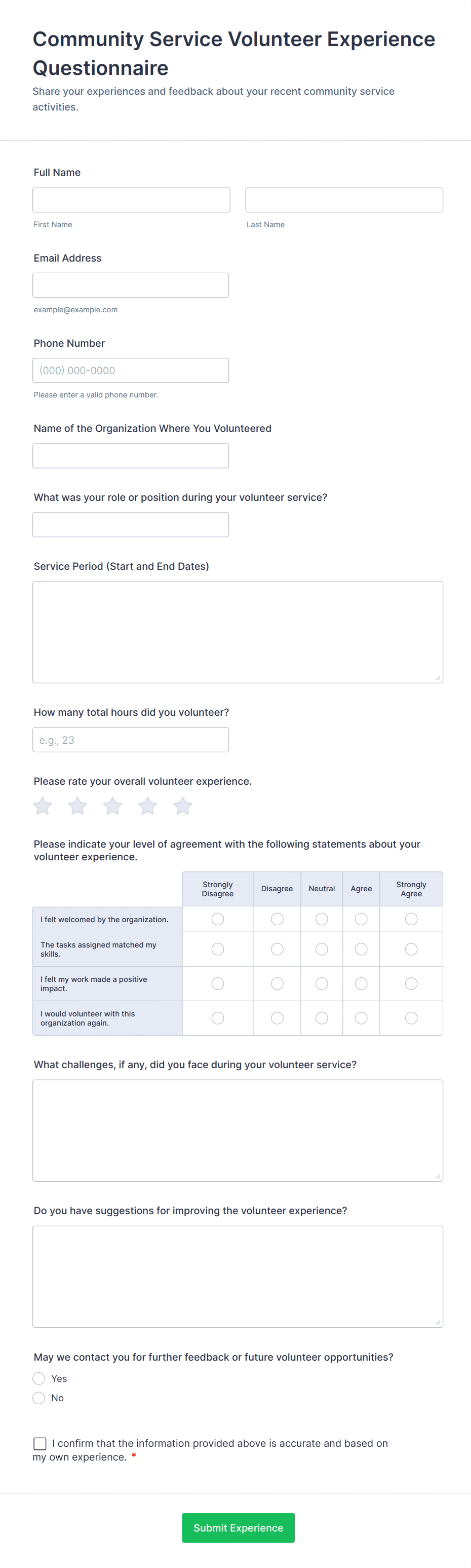 Community Service Volunteer Experience Questionnaire Form Template ...
