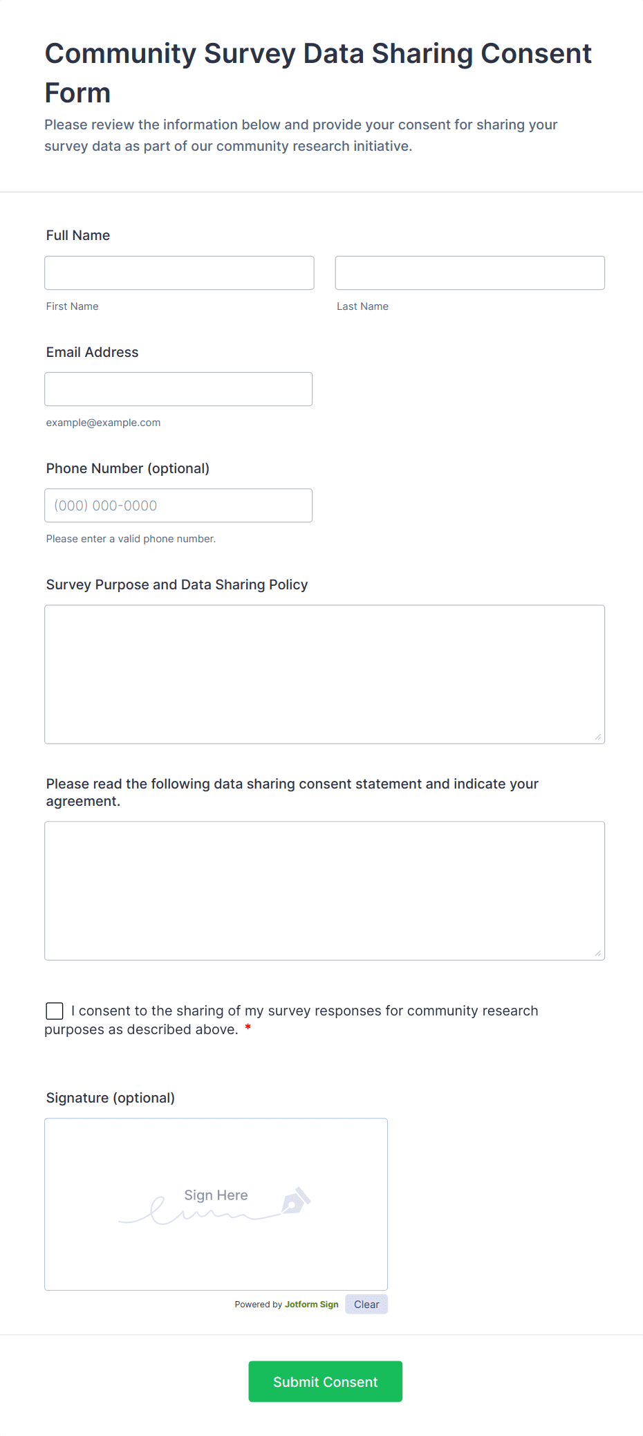Community Survey Data Sharing Consent Form Template | Jotform