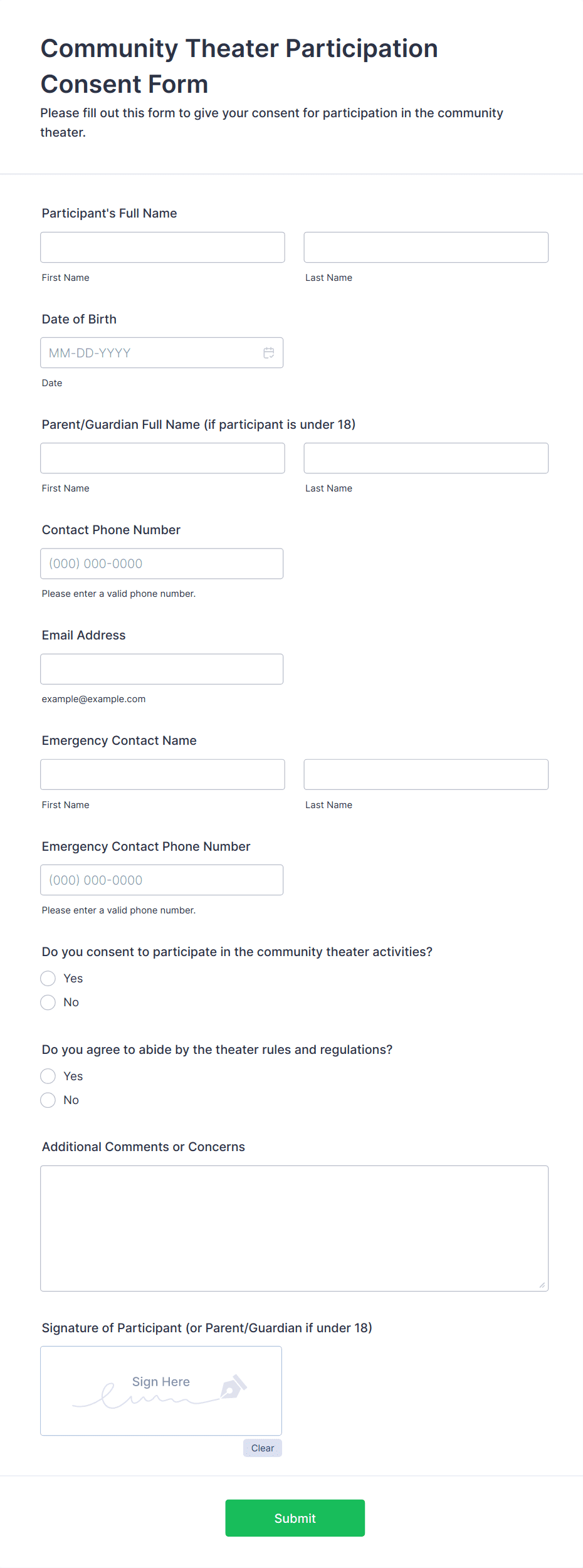 Community Theater Participation Consent Form Template | Jotform