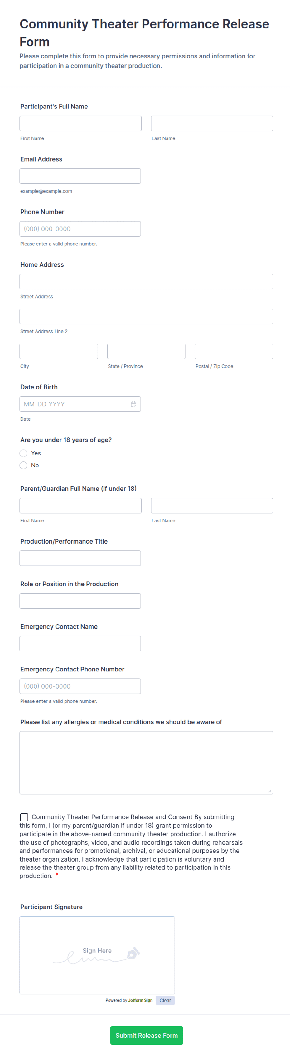 Community Theater Performance Release Form Template | Jotform