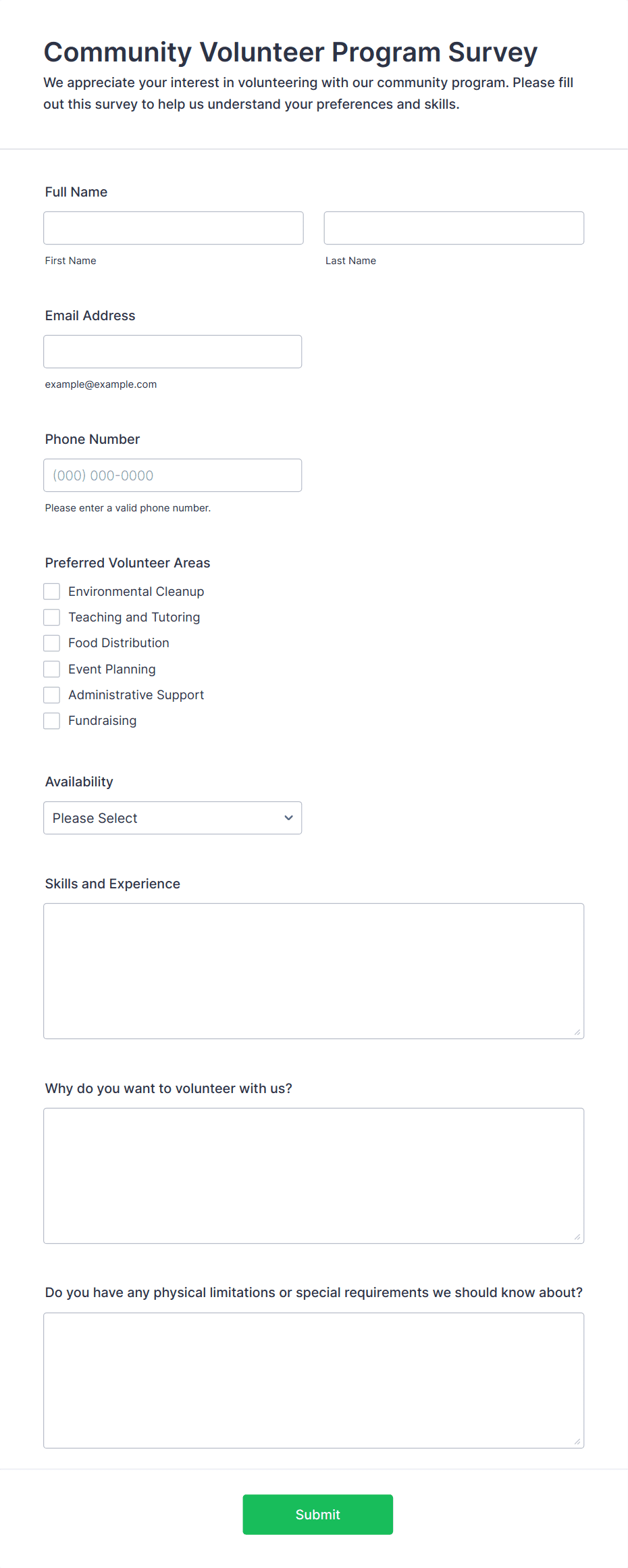 Community Volunteer Program Survey Form Template | Jotform