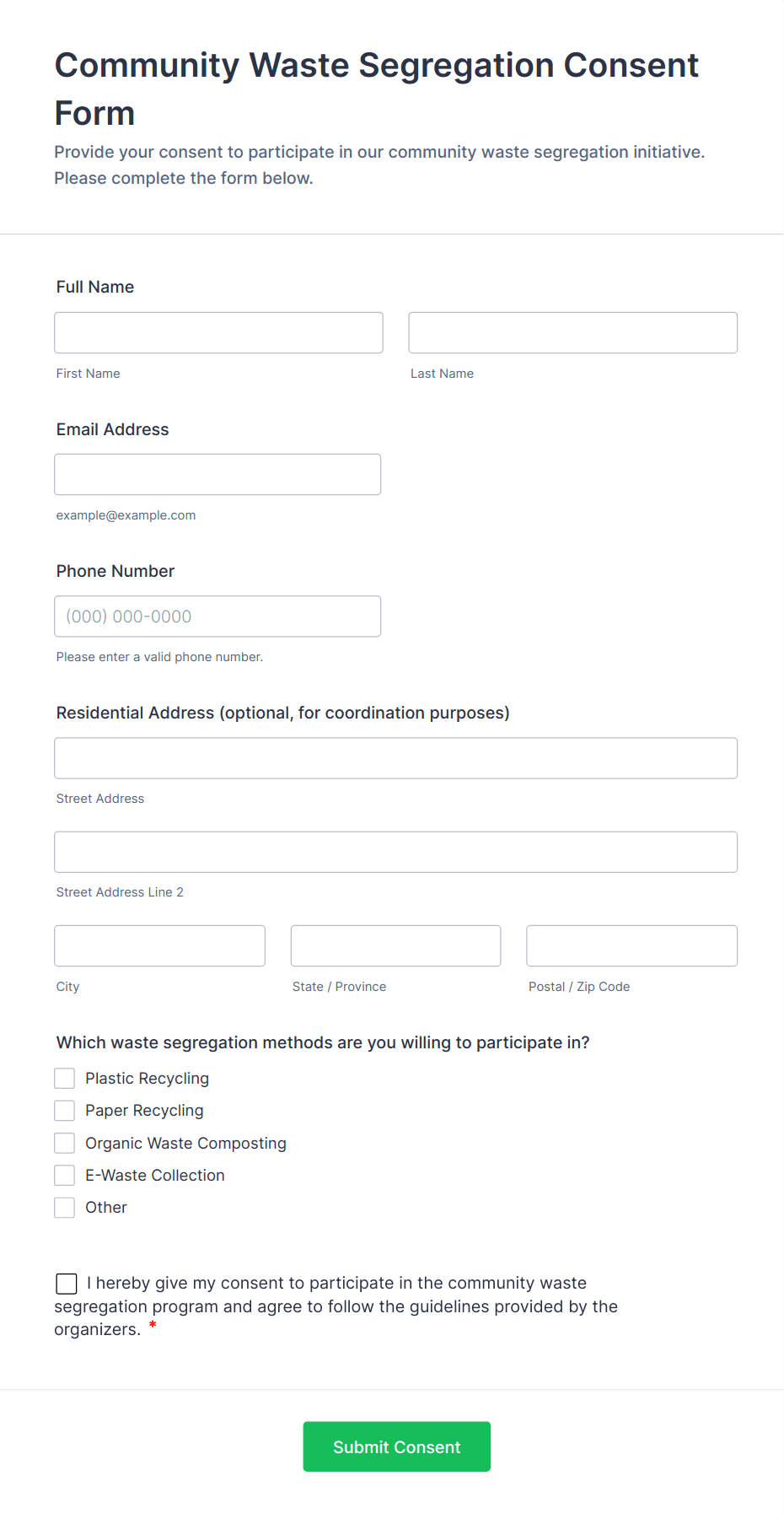 Community Waste Segregation Consent Form Template | Jotform