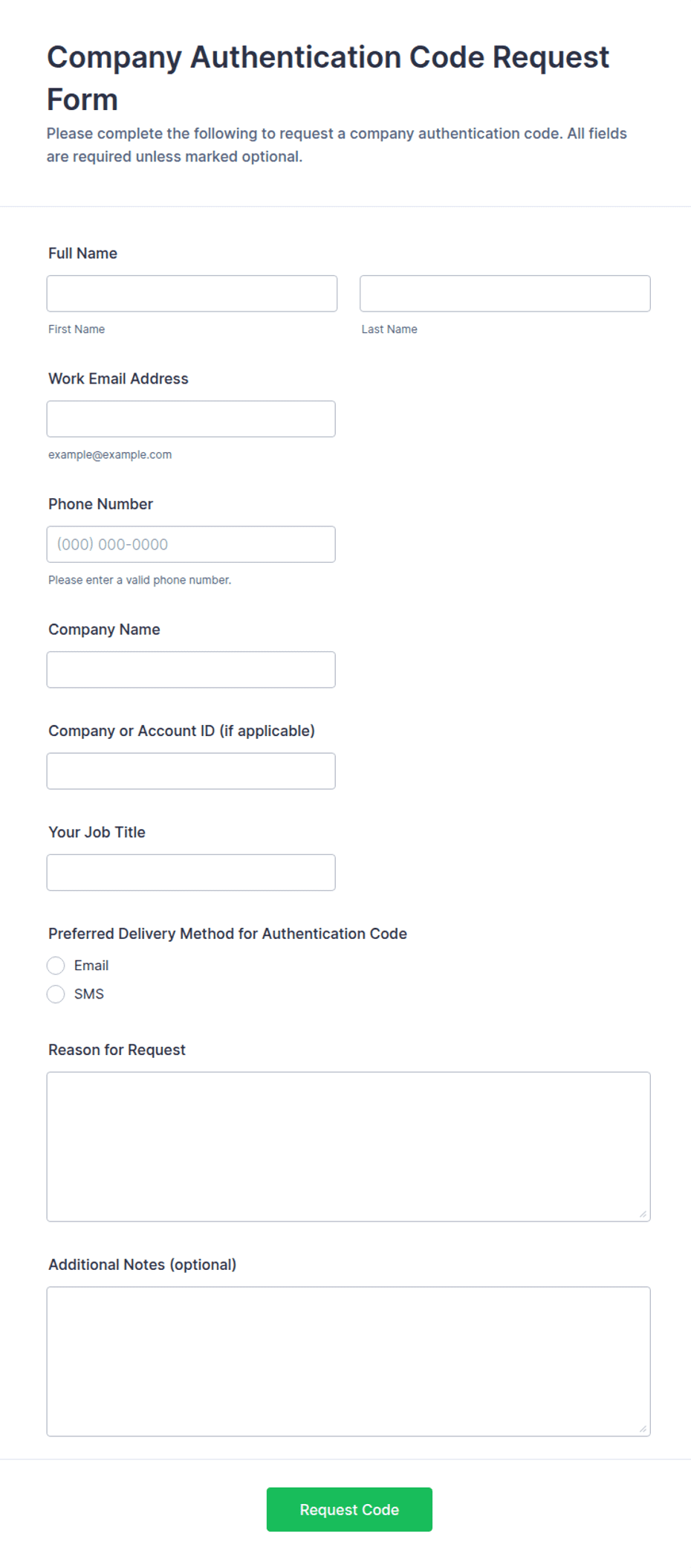 Company Authentication Code Request Form Template | Jotform
