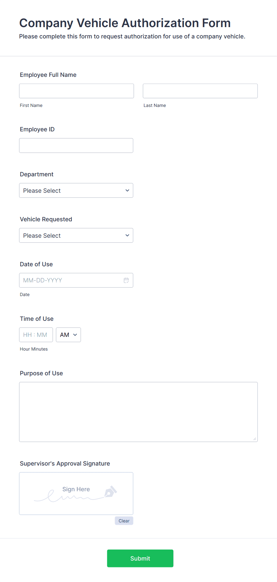 Company Vehicle Authorization Form Template | Jotform