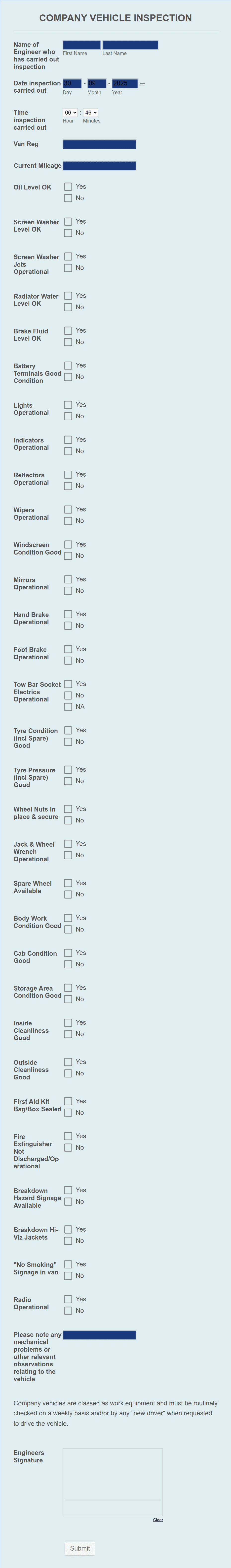 Company Vehicle Weekly Inspection Sheet Form Template | Jotform