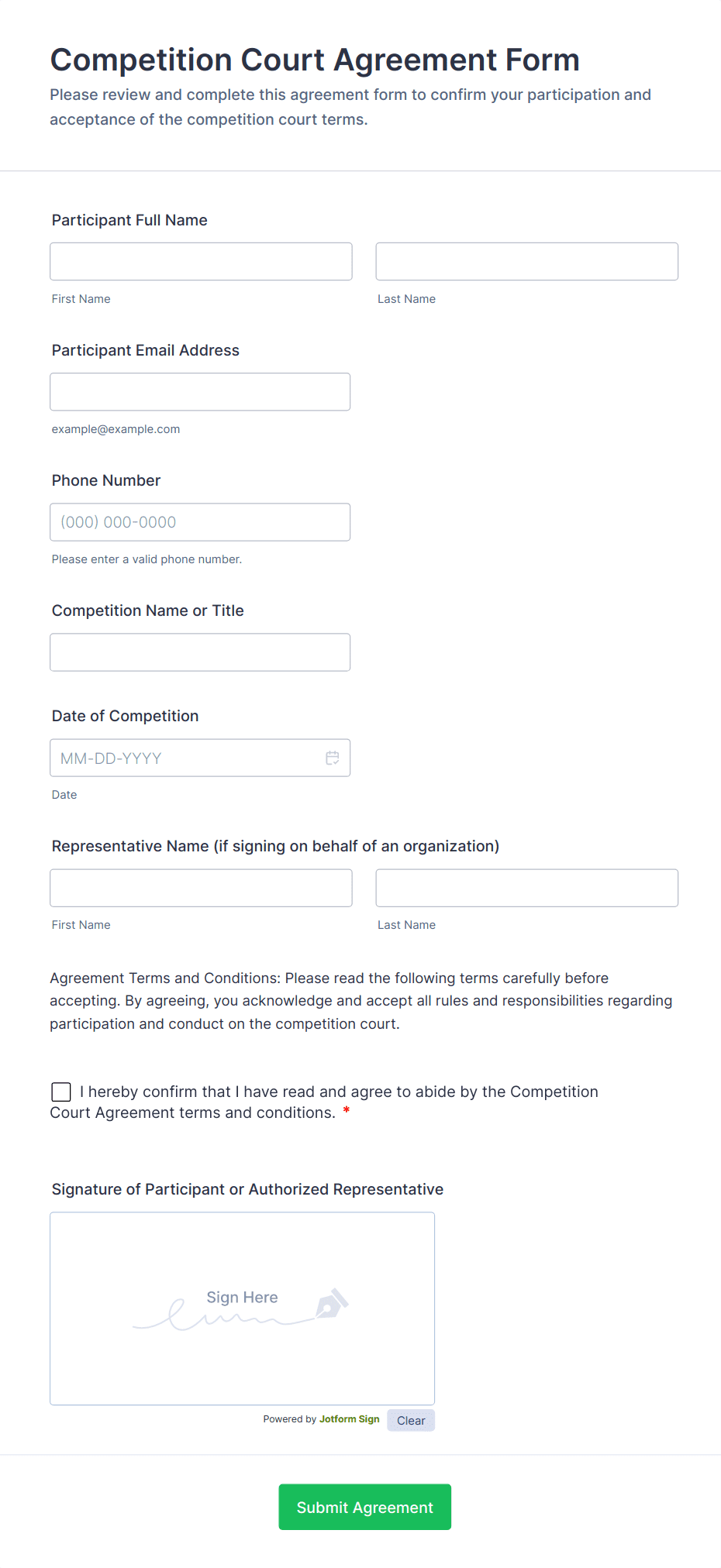 Competition Court Agreement Form Template | Jotform