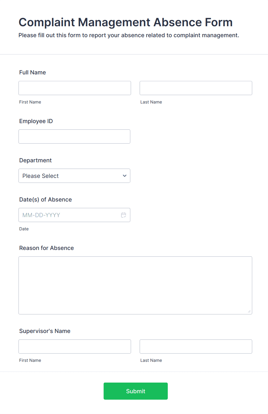 Complaint Management Absence Form Template | Jotform