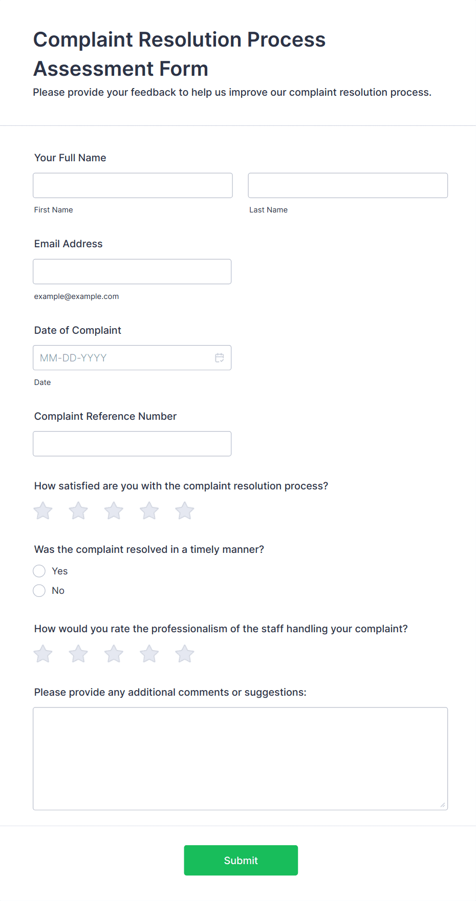 Complaint Resolution Process Assessment Form Template | Jotform