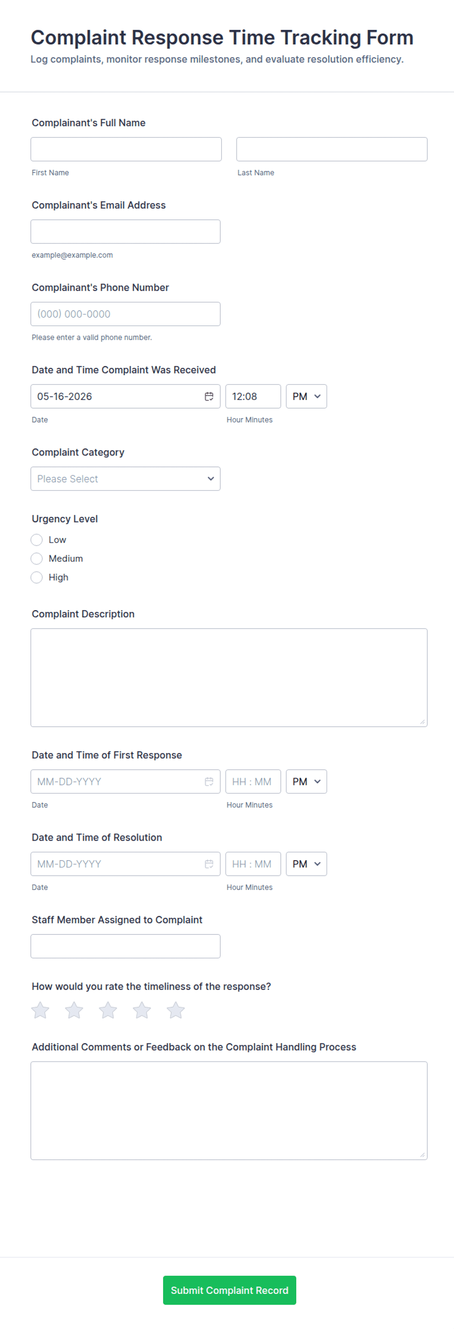 Complaint Response Time Tracking Form Template | Jotform