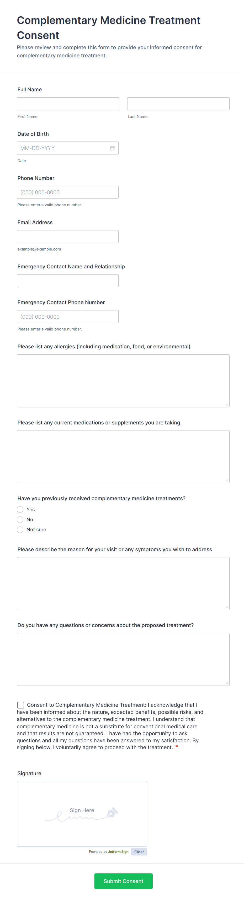 Complementary Medicine Treatment Consent Form Template | Jotform