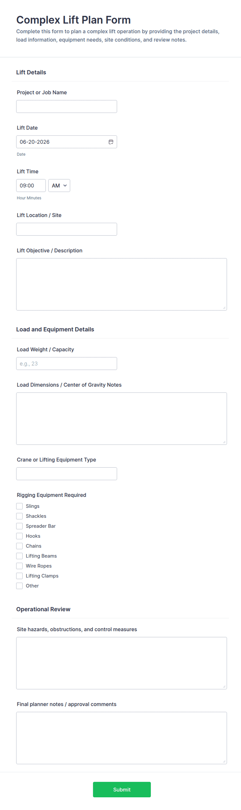 Complex Lift Plan Form Template | Jotform