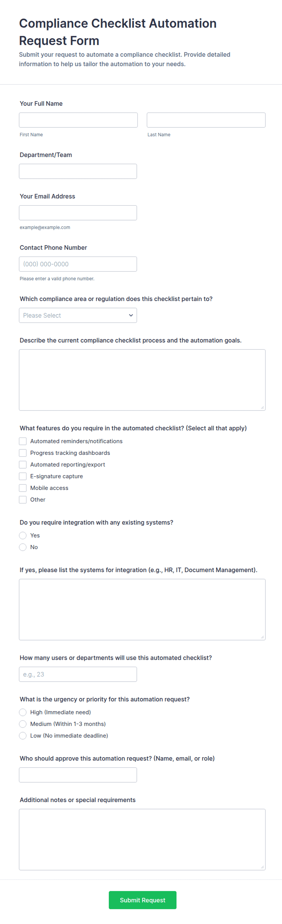 Compliance Checklist Automation Request Form Template | Jotform