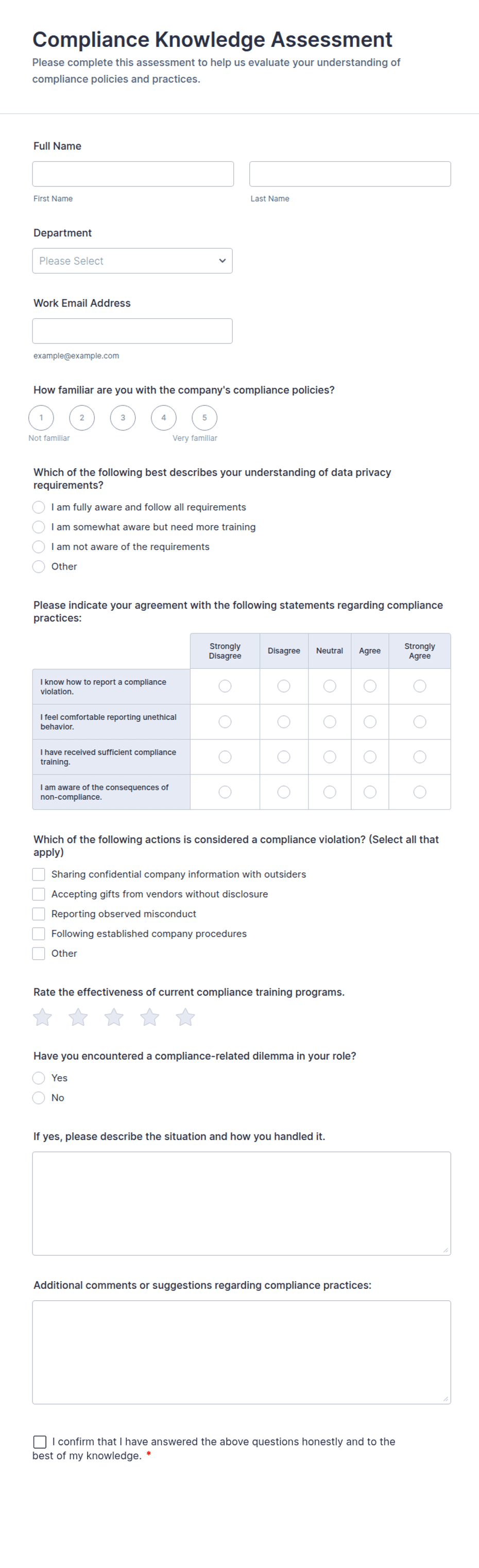 Compliance Knowledge Assessment Form Template | Jotform