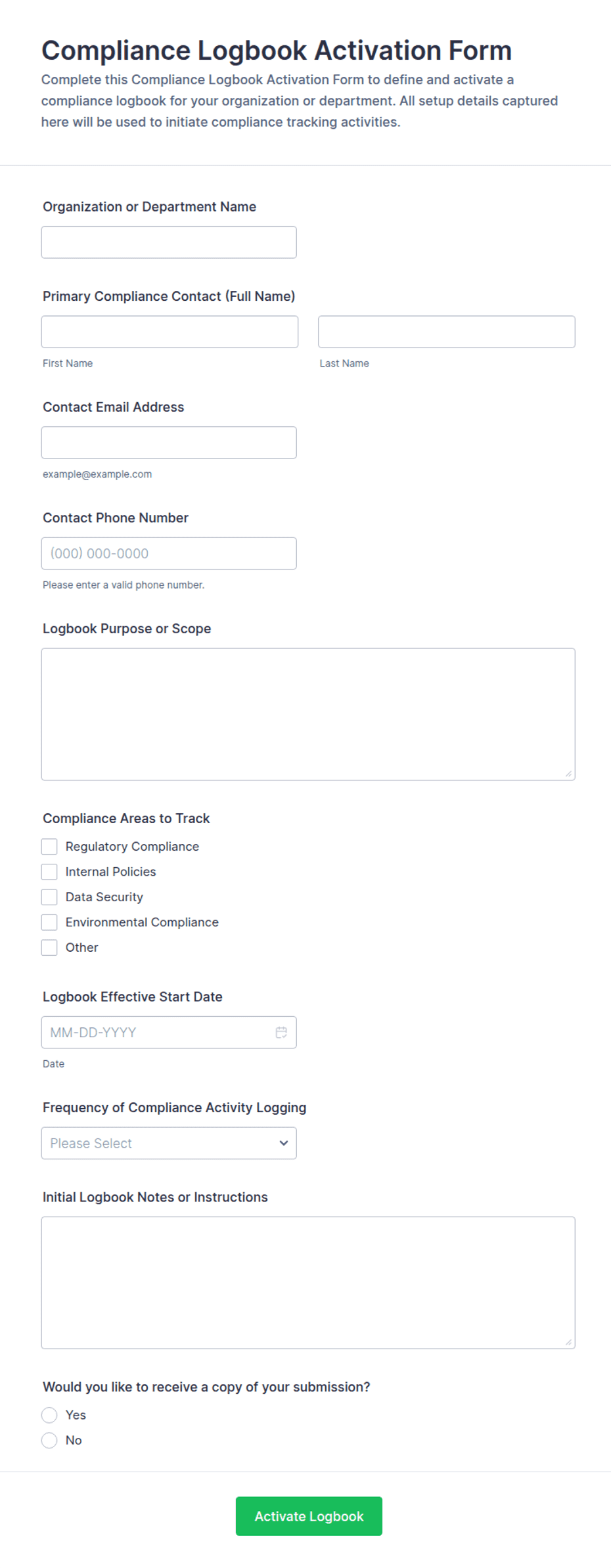 Compliance Logbook Activation Form Template | Jotform