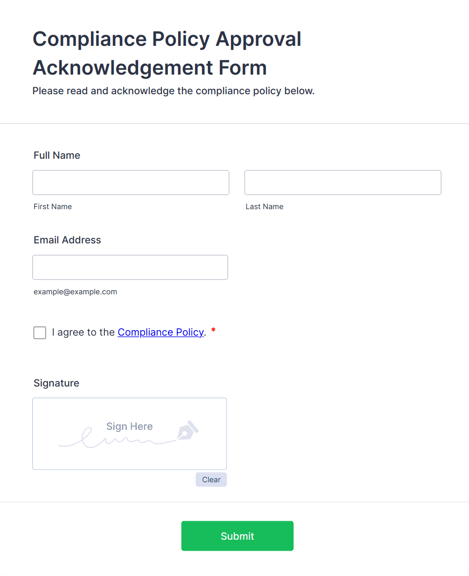 Compliance Policy Approval Acknowledgement Form Template | Jotform