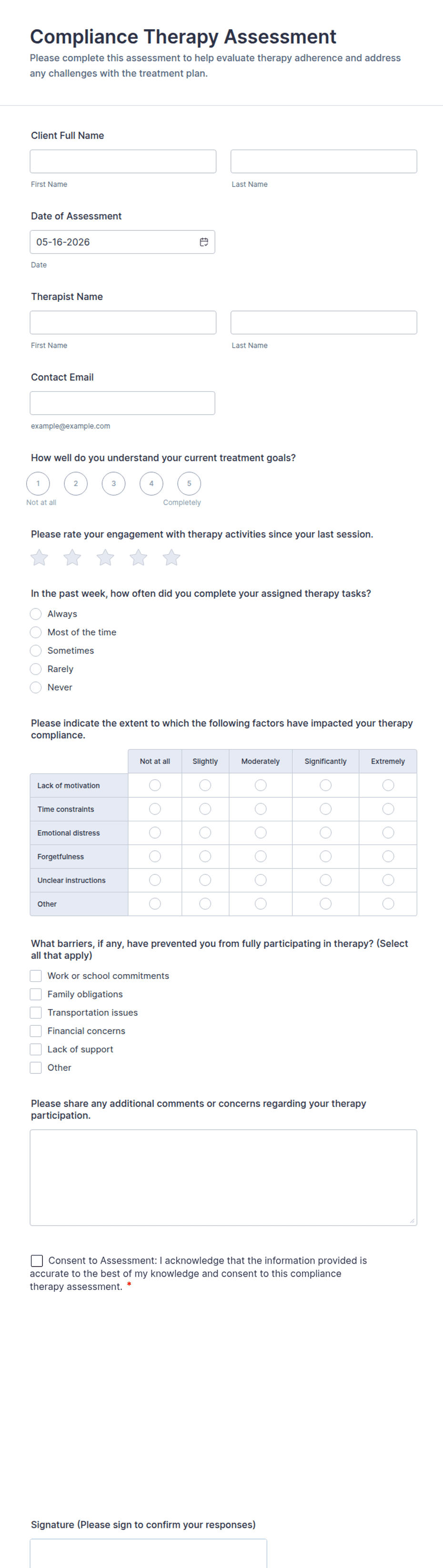 Compliance Therapy Assessment Form Template | Jotform