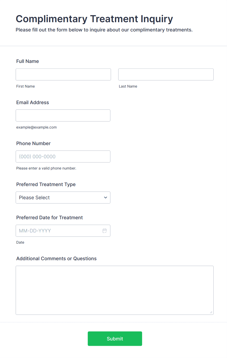 Complimentary Treatment Inquiry Form Template | Jotform