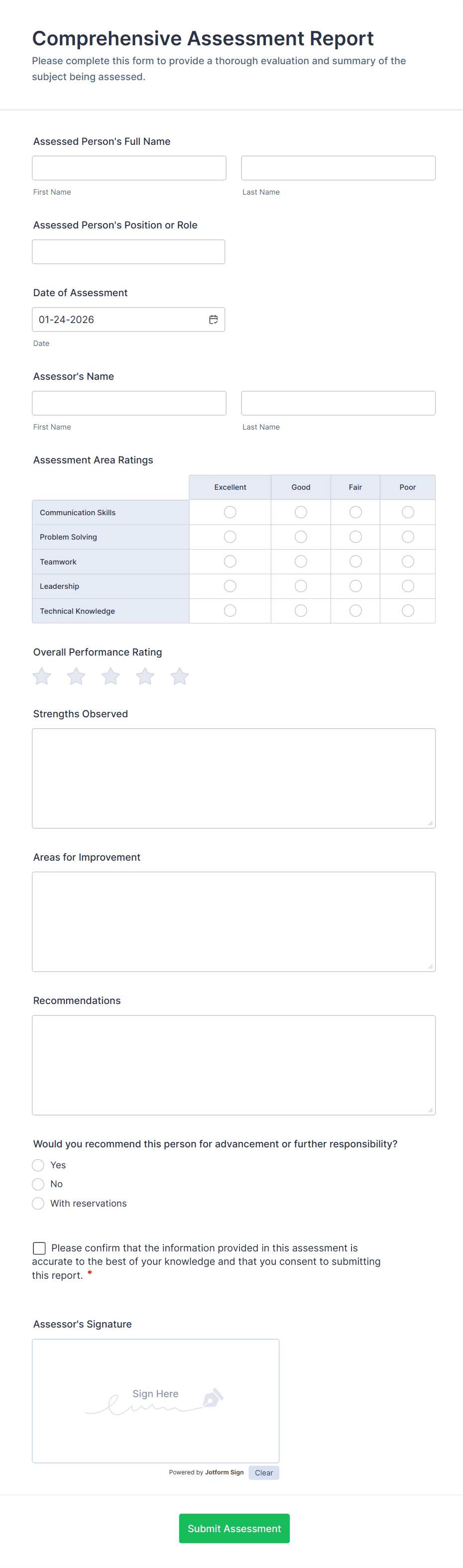 Comprehensive Assessment Report Form Template | Jotform