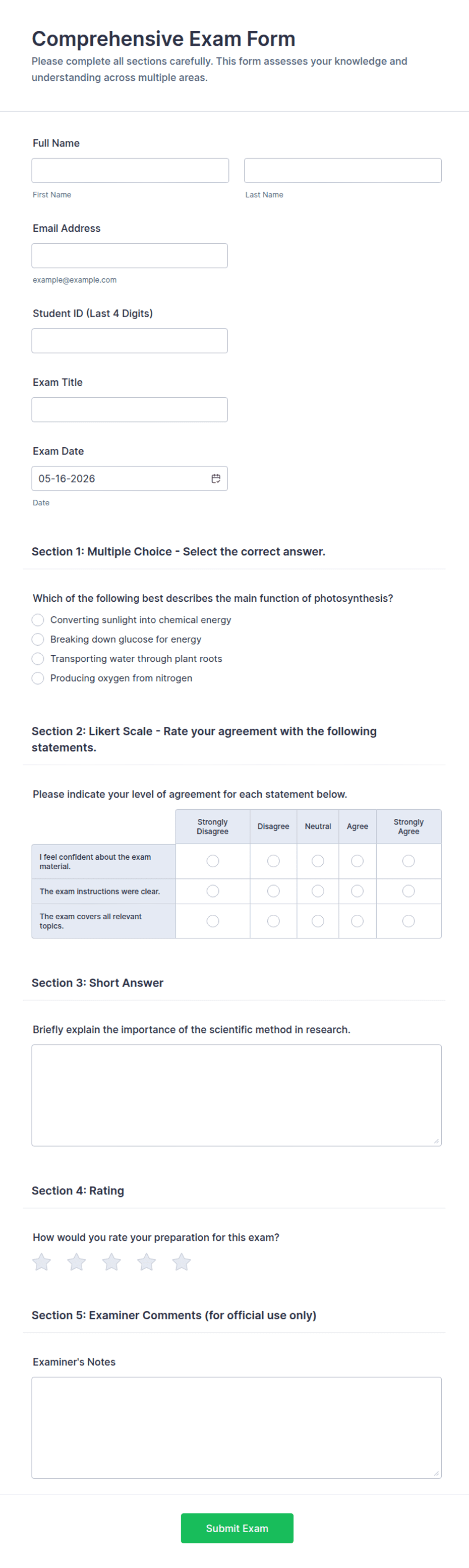 Comprehensive Exam Form Template | Jotform