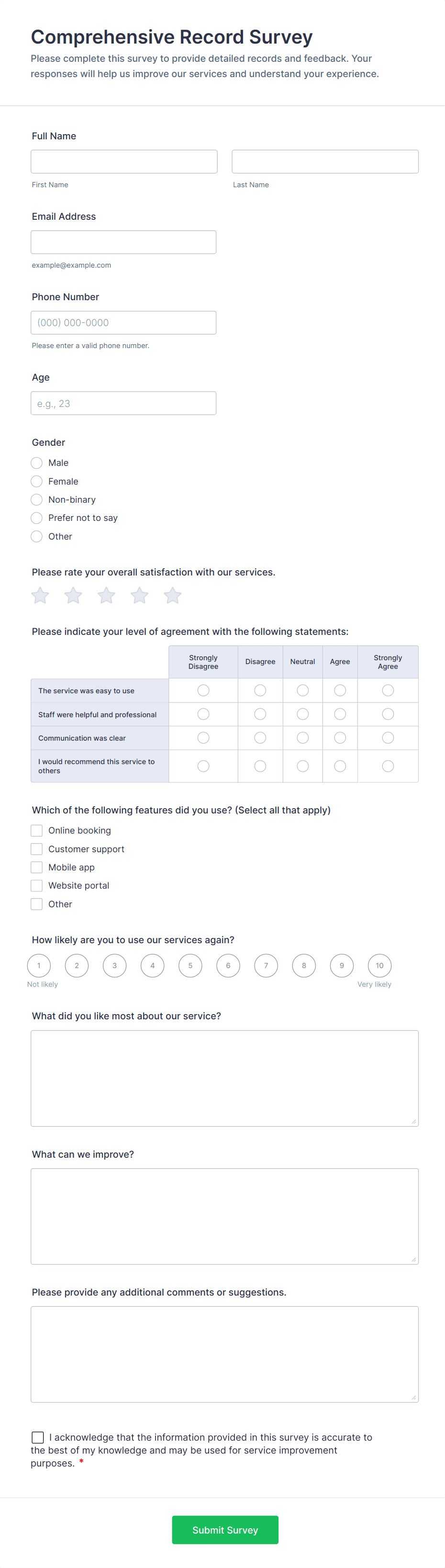 Comprehensive Record Survey Form Template | Jotform