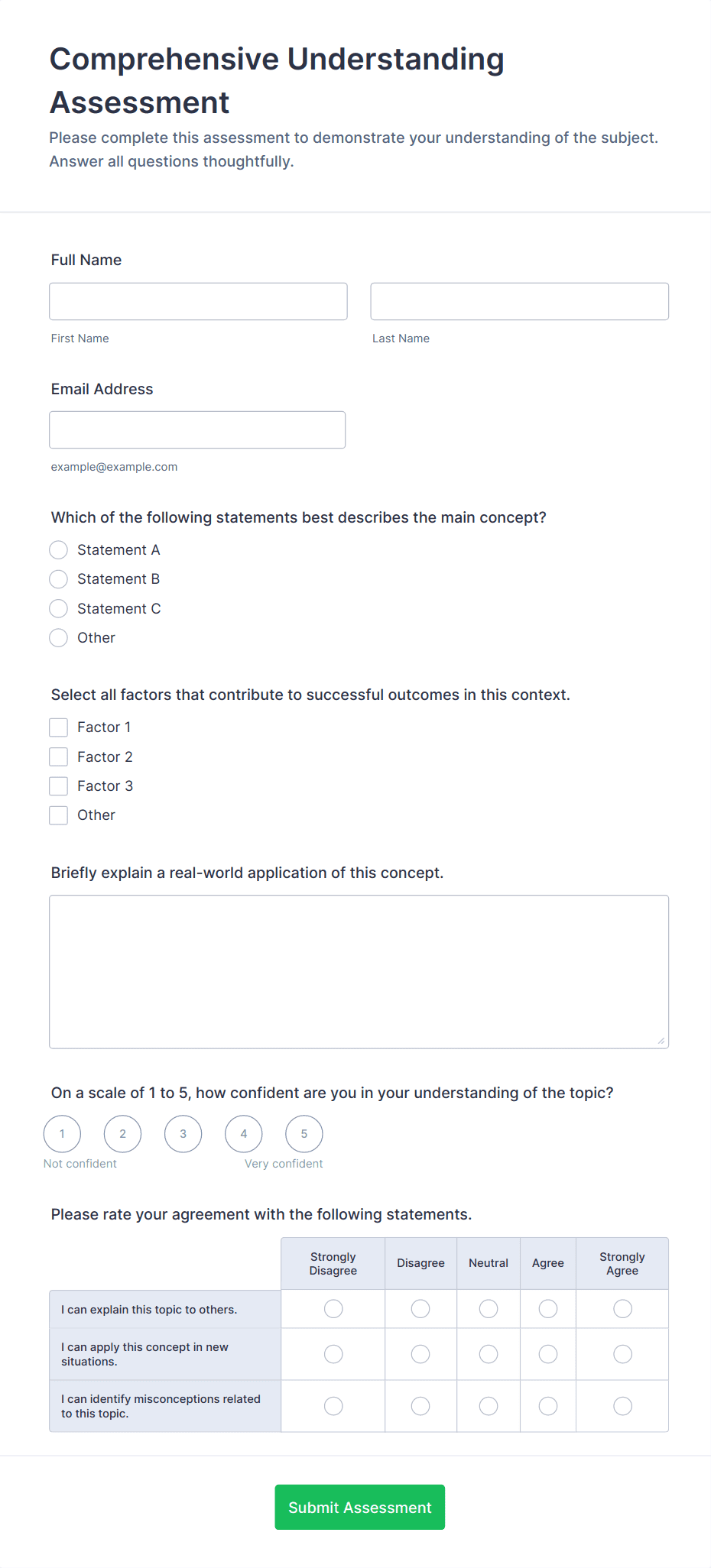 Comprehensive Understanding Assessment Form Template | Jotform