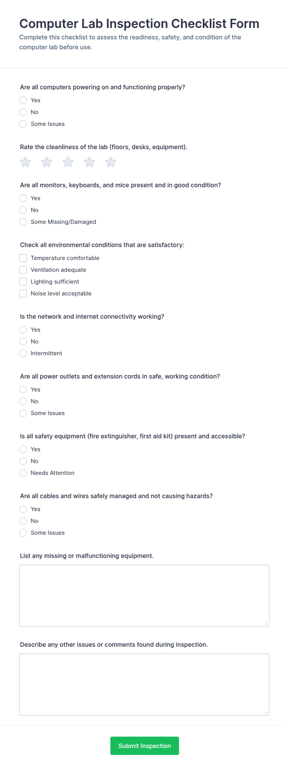 Computer Lab Inspection Checklist Form Template | Jotform