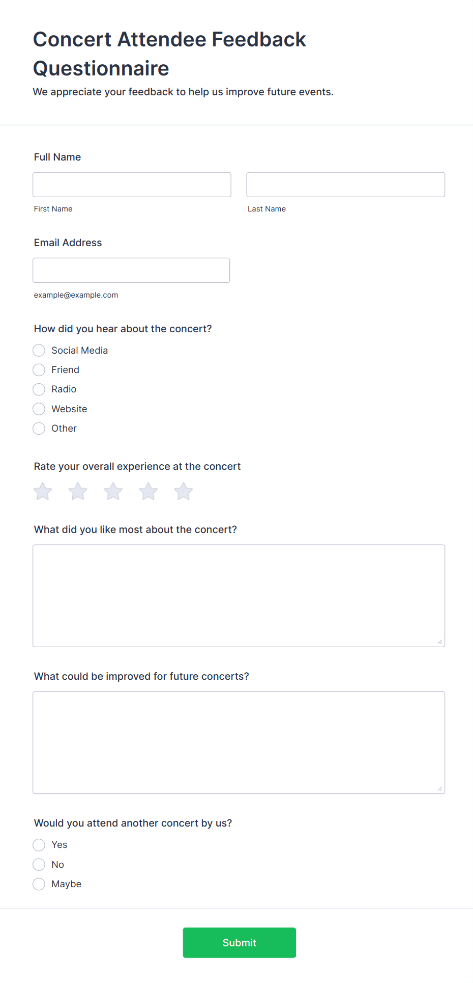 Concert Attendee Feedback Questionnaire Form Template | Jotform
