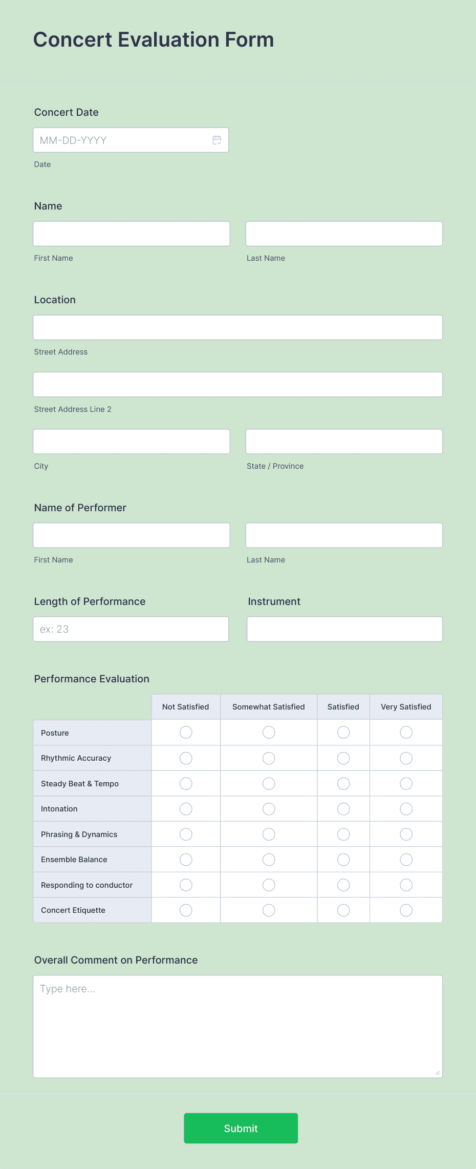 Concert Evaluation Form Template | Jotform