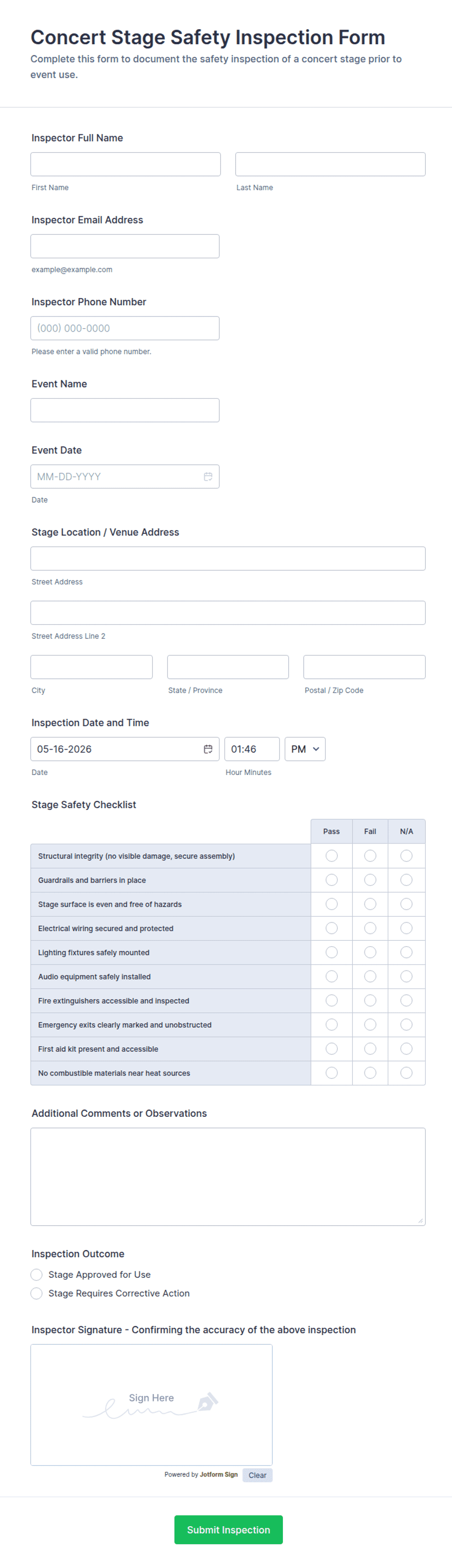 Concert Stage Safety Inspection Form Template | Jotform