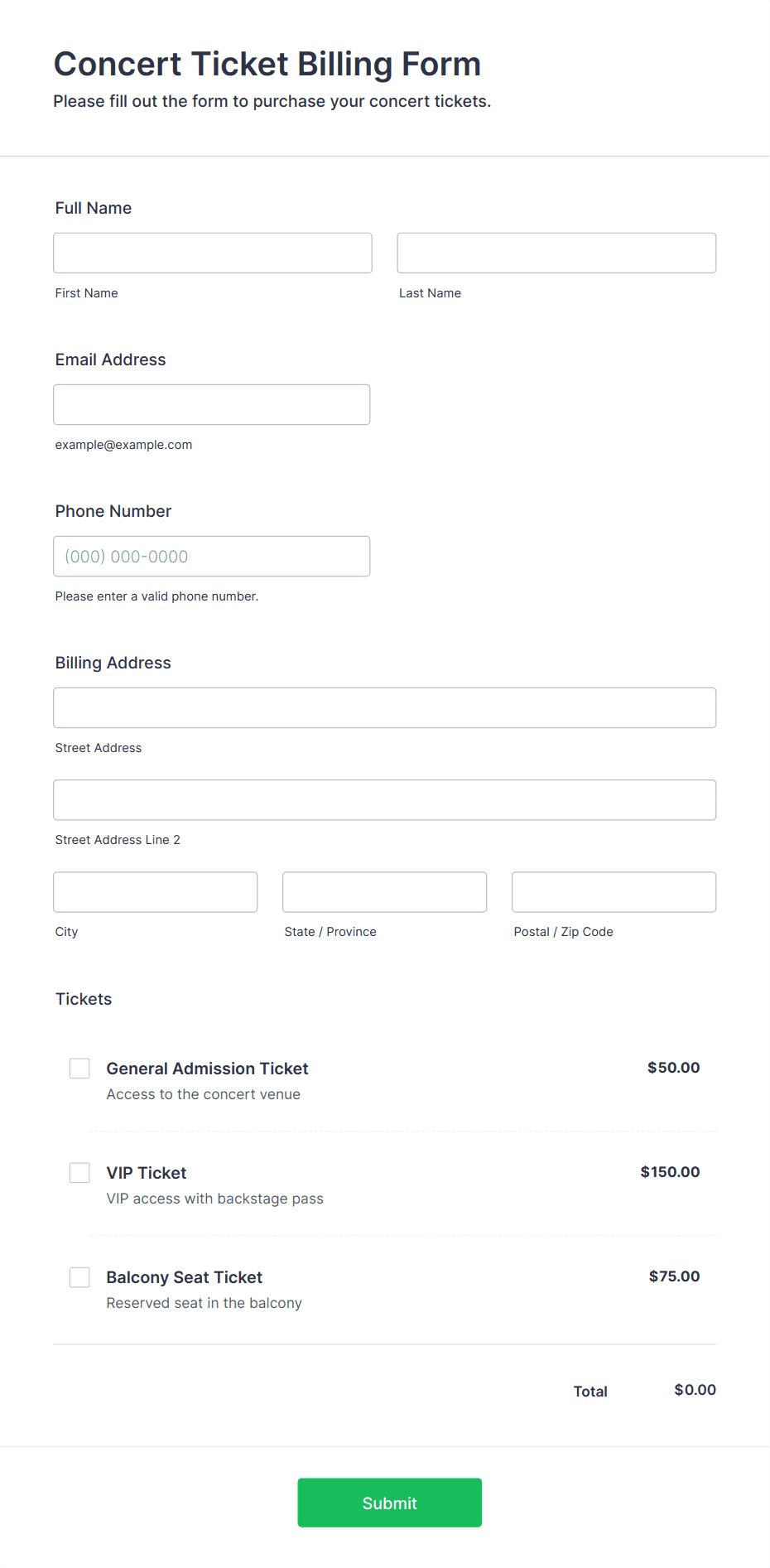 Concert Ticket Billing Form Template | Jotform