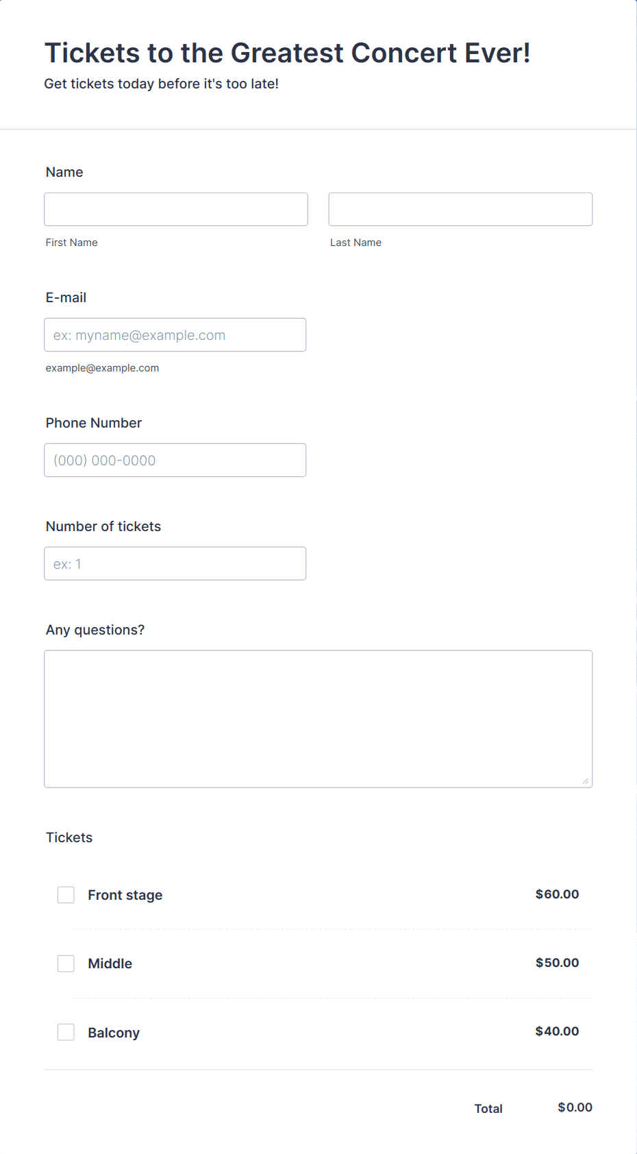 Concert Ticket Registration Form with Verifone paymen... Form Template ...