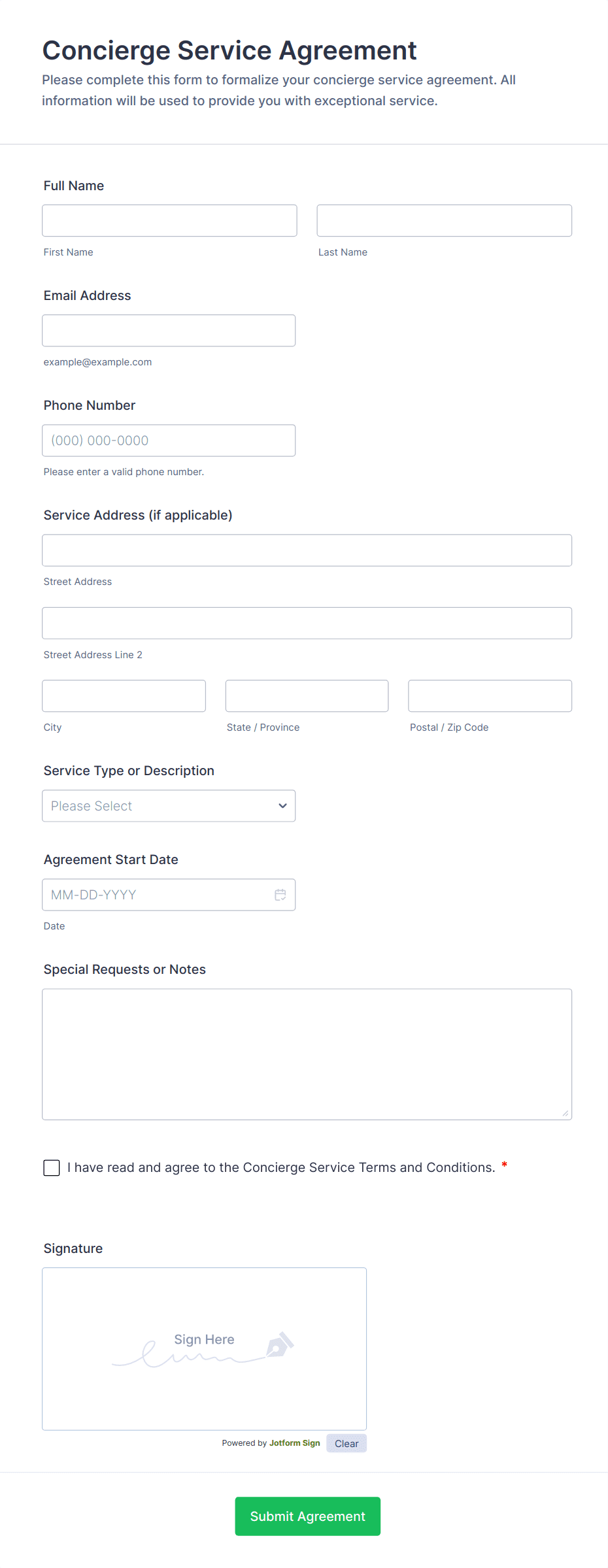 Concierge Service Agreement Form Template | Jotform