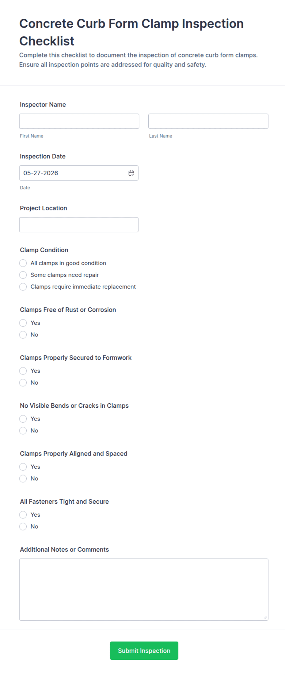 Concrete Curb Form Clamp Inspection Checklist | Jotform