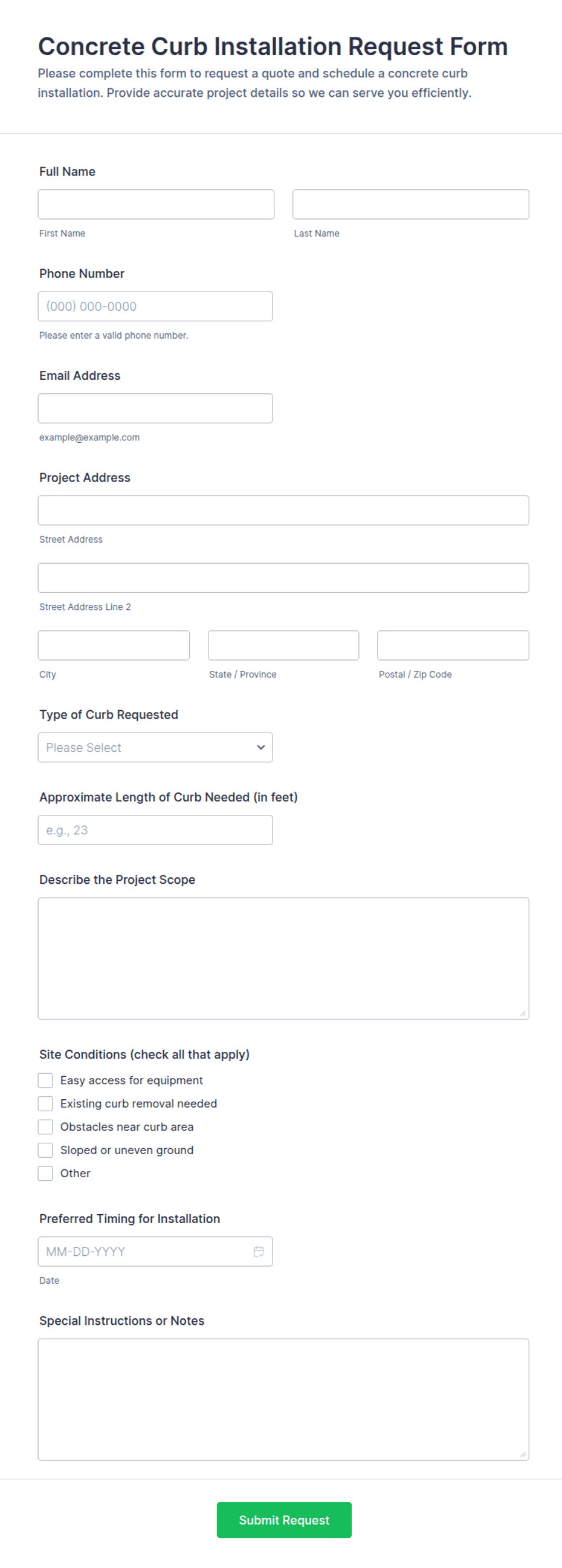 Concrete Curb Installation Request Form Template | Jotform