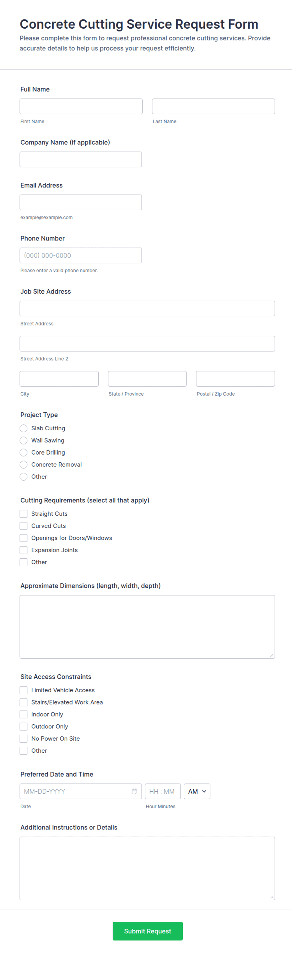 Concrete Cutting Service Request Form Template | Jotform