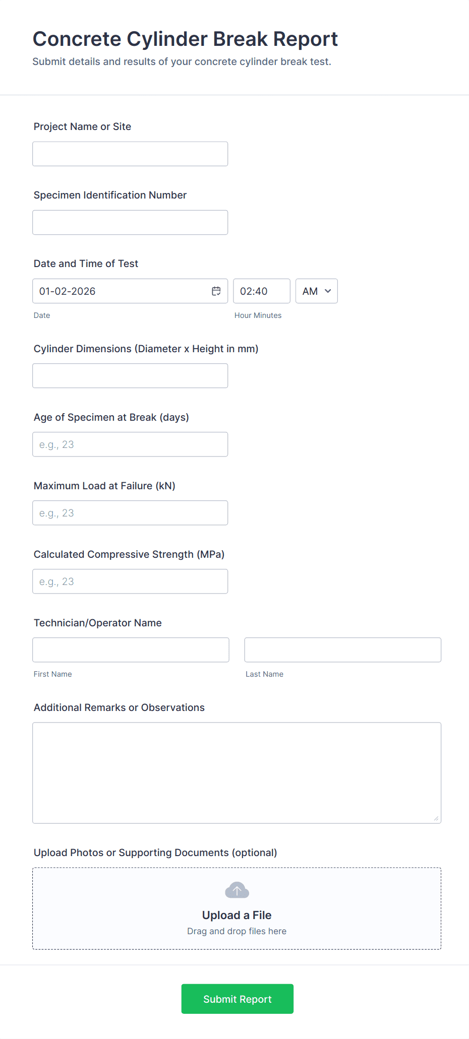 Concrete Cylinder Break Report Form Template | Jotform