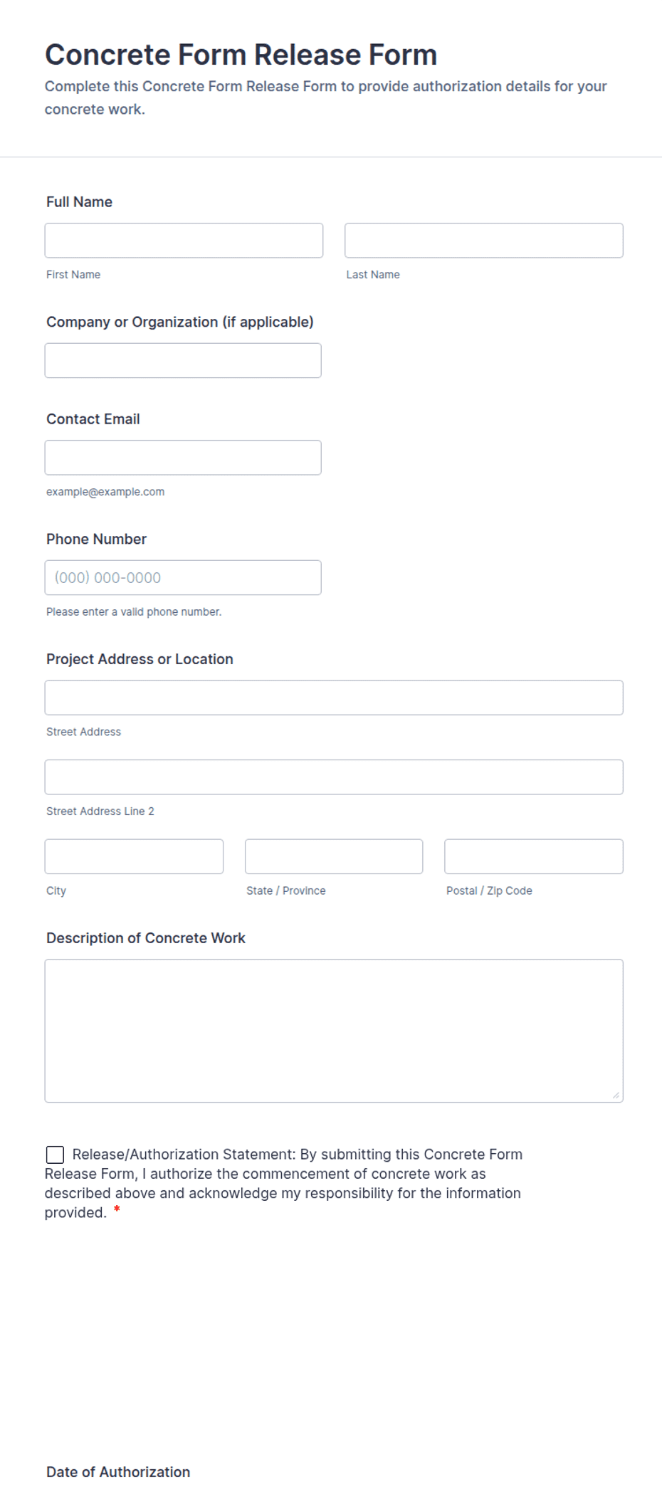 Concrete Form Release Form | Jotform