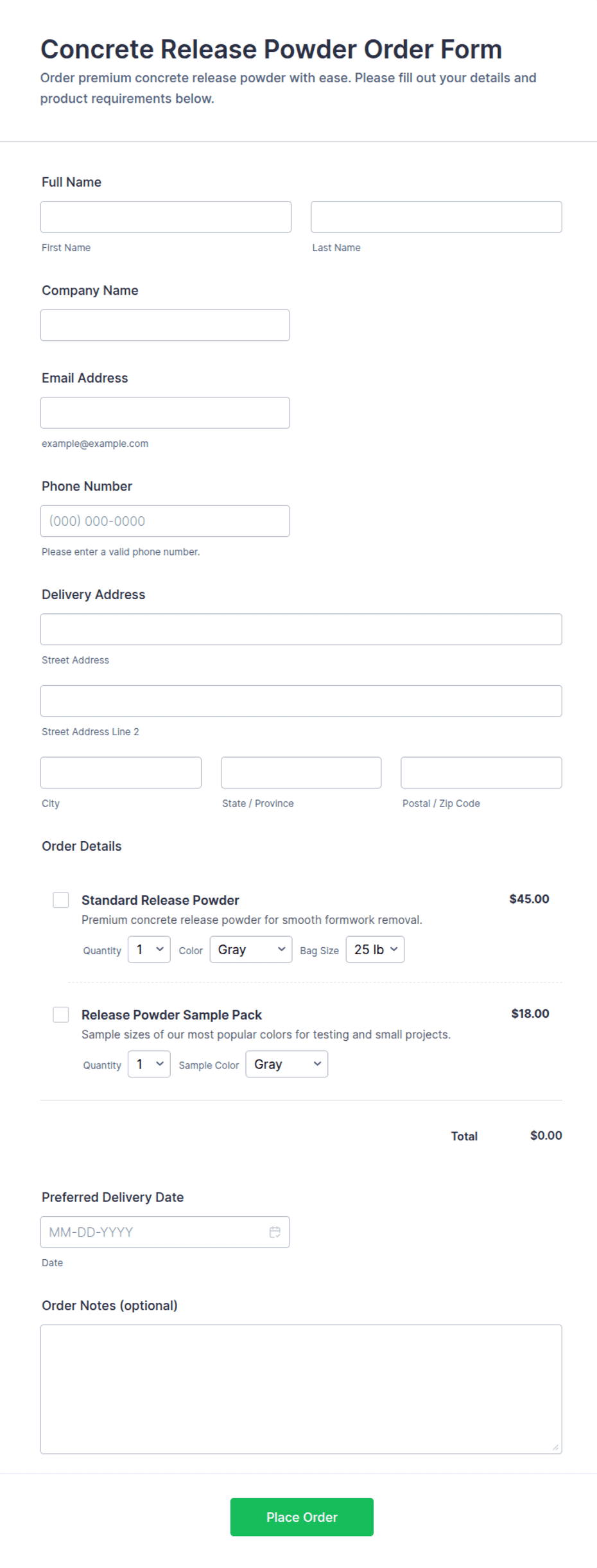 Concrete Release Powder Order Form Template | Jotform